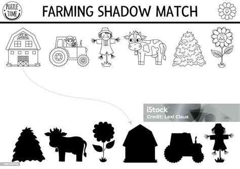 흑백 농장 그림자는 전통적인 국가 기호와 활동을 일치합니다 소 헛간 농부와 농촌 마을 라인 퍼즐 올바른 실루엣 인쇄 가능한 색칠 공부 를 찾으십시오 아이들을위한 농장