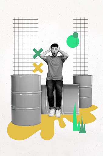 복합 3d 사진 콜라주 디자인 트렌드 젊은 남자의 스케치 충격 앉아 컨테이너 통 석유 행성 자원 생태 위기 35 39세에 대한 스톡 사진 및 기타 이미지 Istock