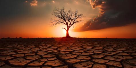 Premium Photo A Tree In A Dry Land With A Sunset Behind It