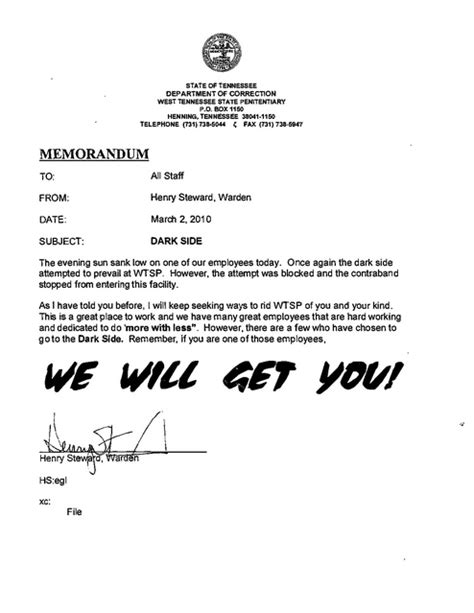 Warden Memo Re Employee Misconduct And Corruption At WTSP TN DOC 2010 Prison Legal News