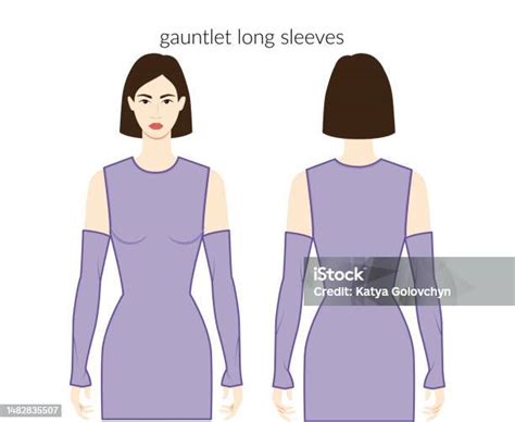 건틀릿 소매 긴 소매 길이의 옷 캐릭터 라벤더 탑 셔츠 드레스 테크니컬 패션 일러스트레이션에 아름다운 아가씨 플랫 의류 템플릿 앞면 뒷면 여성 남성 남녀 공용 Cad 모형