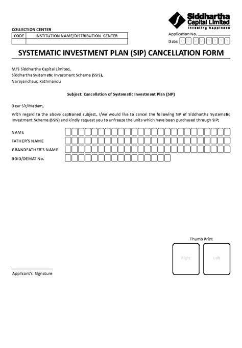 Sip Cancellation Form Individual M S Siddhartha Capital Limited