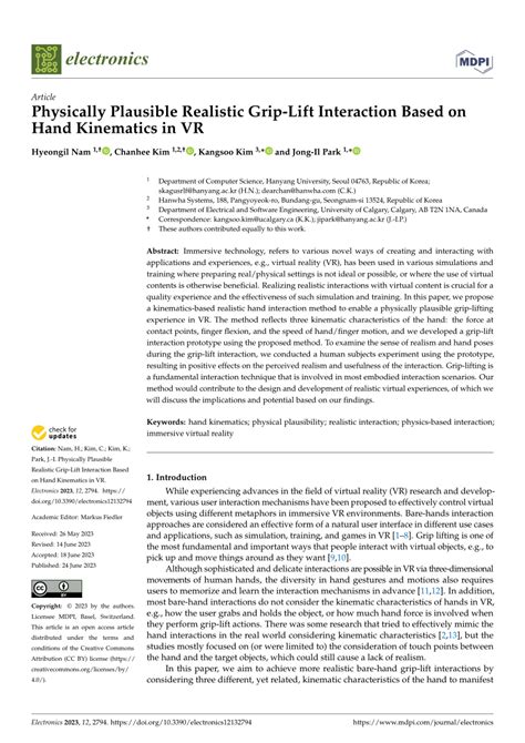 Pdf Physically Plausible Realistic Grip Lift Interaction Based On Hand Kinematics In Vr