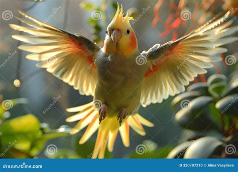 Colorful Cockatiel Mid Flight Wings Spread Wide At Home The Room With