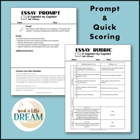 O Captain My Captain By Whitman Essay Prompt Rubric Tpt
