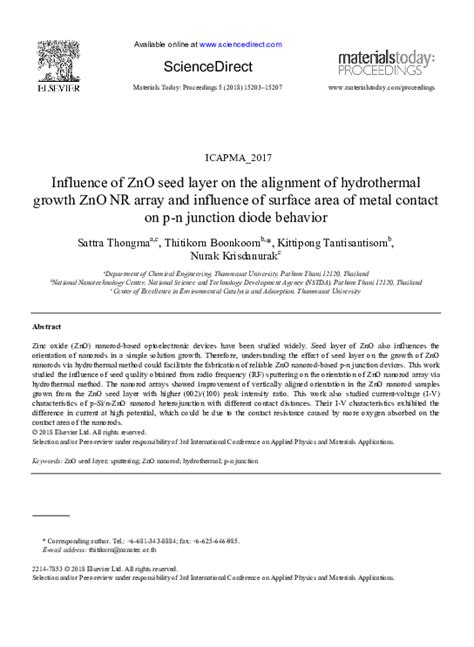 Pdf Influence Of Zno Seed Layer On The Alignment Of Hydrothermal