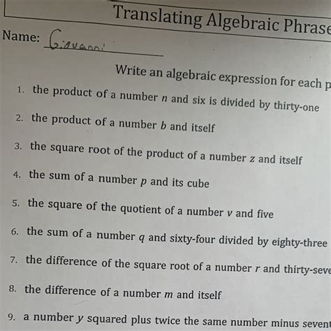 Solved Name Giduanni Translating Algebraic Phrase Write An Algebraic Expression For Each P 1