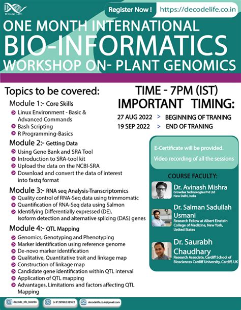 One Month International Bioinformatics Workshop By Decode Life On Plant Genomics From 27 August