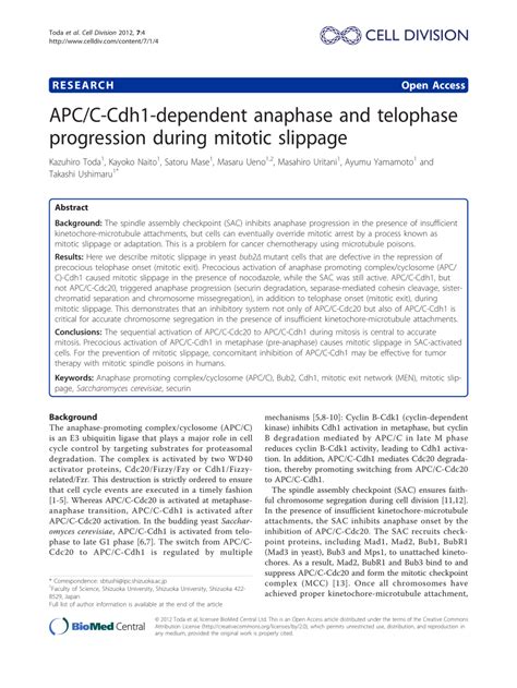 Pdf Apc C Cdh1 Dependent Anaphase And Telophase Progression During