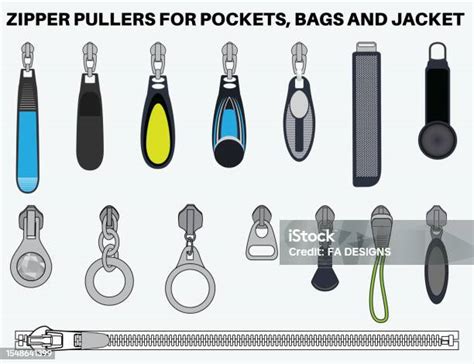 지퍼 풀러 플랫 스케치 벡터 일러스트레이션 세트 패스너 드레스 의류 가방 패션 일러스트레이션 의류 및 액세서리에 대한 다양한 유형의 3d 지퍼 풀 벡터에 대한 스톡 벡터