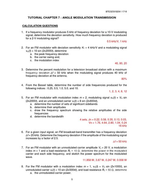 Tutorial Chapter 7 8 Ans Pdf Frequency Modulation Modulation