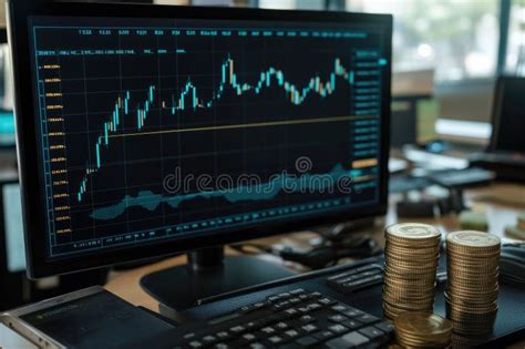 Analyzing Stock Market Data On Computer Screen With Money Coins And