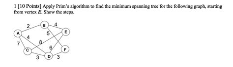 Solved 1 10 Points Apply Prim S Algorithm To Find The Chegg Com