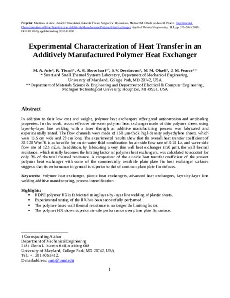 Pdf Experimental Characterization Of Heat Transfer In An Additively Manufactured Polymer Heat