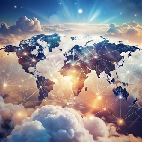 Global Connection World Map Overlay On Pastel Cloudscape Premium AI