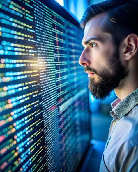 person reviewing code on abstract glossy screen concept as a person