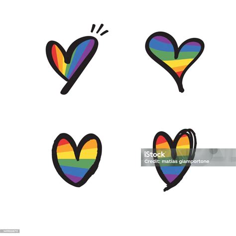 Lqbt 프라이드의 달 무지개 깃발 색상으로 하트를 낙서하세요 다양성 표현 Lgbt 프라이드의 달에 대한 스톡 벡터 아트 및 기타 이미지 Lgbt 프라이드의 달