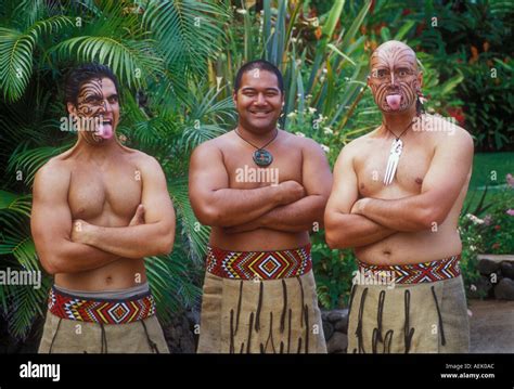Maori Warriors With Tongues Out At The Polynesian Cultural Center Stock