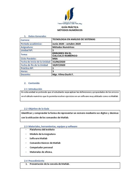 Guía Práctica 1 Metodos Numéricos Pdf Análisis Numérico Matlab