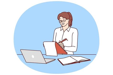 인터넷을 통해 일하는 성공적인 사업가 또는 프리랜서 소녀는 노트북으로 직장에 있습니다 프리미엄 벡터