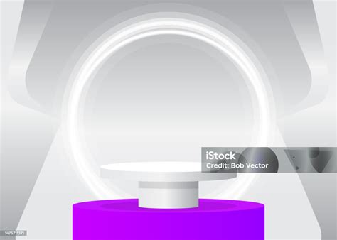 미래형 화이트와 퍼플 스테이지 쇼케이스 실린더 받침대 연단 공상 과학 최소 추상 벡터 3d 룸 모형 제품은 기하학적 형태