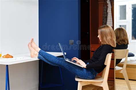 Lovely Woman Fills Out Tax Form Stock Image Image Of Laptop Desk