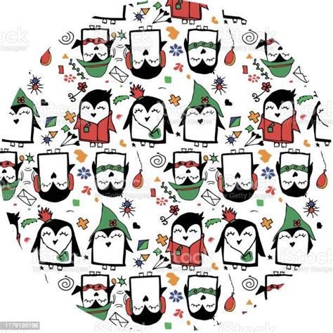 벡터 라인 손 그리기 펭귄입니다 낙서 캐릭터 일러스트레이션 멋진 디자인 요소 인쇄 어린이 침실 책 잡지 패턴을위한 완벽한 겨울 스타일의 의류 겨울에 대한 스톡 벡터 아트 및