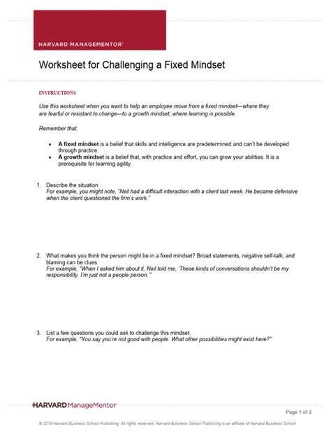 Worksheet For Challenging A Fixed Mindset Pdf Mindset Human