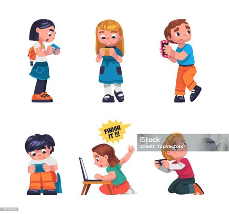 Kinder Süchtig Nach Gadget Mit Konsole Spielen Videospiel Vektor Set Stock Vektor Art Und Mehr