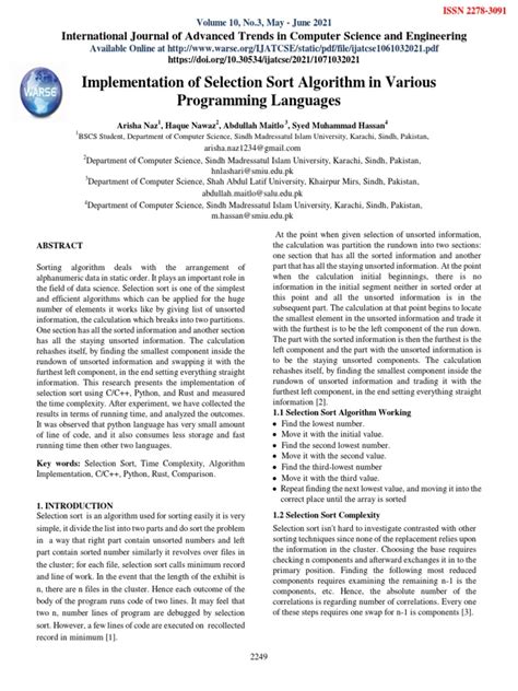implementation of selection sort algorithm in various programming