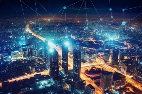 Premium Ai Image A Cityscape With A Network Of Lights And A Network Of Dots