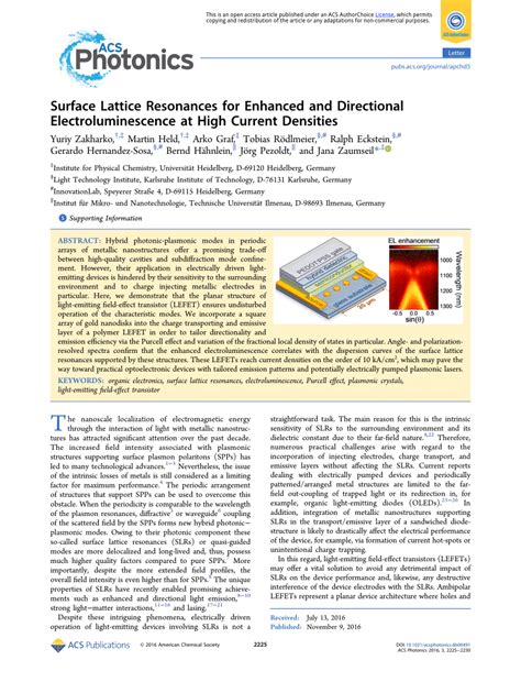 Pdf Surface Lattice Resonances For Enhanced And Directional Electroluminescence At High