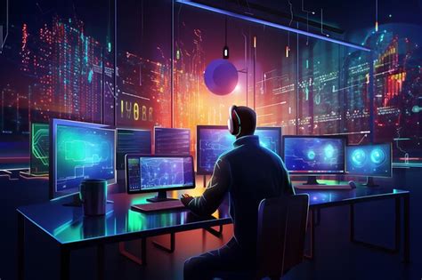 premium photo programmers with laptops working on code and big data
