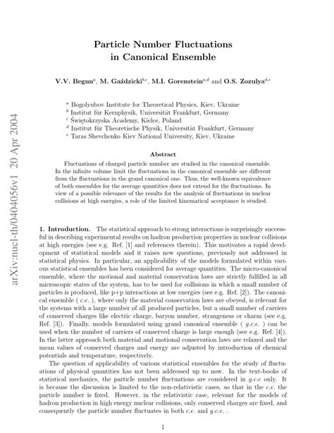Pdf Particle Number Fluctuations In Canonical Ensemble