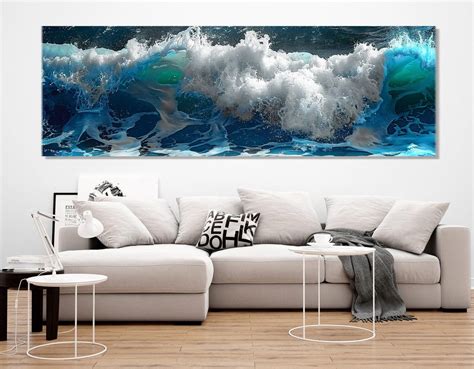 Deep Blue Ocean Waves Painting Canvas Print Panoramic Wall Art