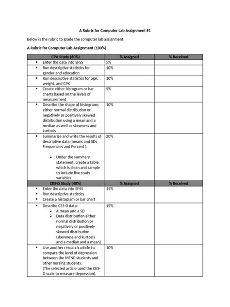 Rubric For Computer Lab Assignment 1 Pdf