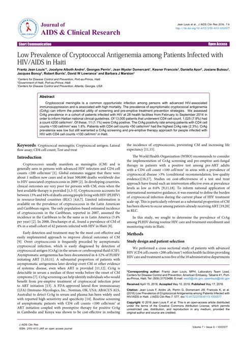 Pdf Low Prevalence Of Cryptococcal Antigenemia Among Patients Infected With Hiv Aids In Haiti