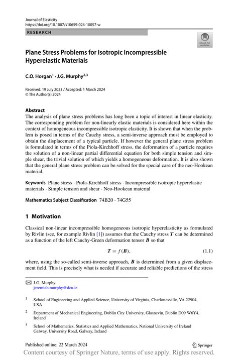 Pdf Plane Stress Problems For Isotropic Incompressible Hyperelastic Materials