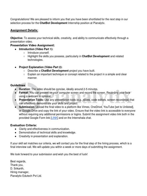 Assignment Instructions Chatbot Development Internship Pdf