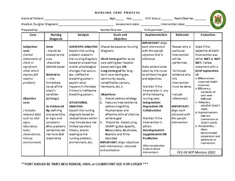 Ncp Format And Guide For Nursing Care Process 2020 Studocu