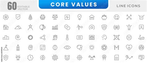 Core Values Line Icon Set Goals And Targets Achievement Aim Motivation Vision Growth Goal