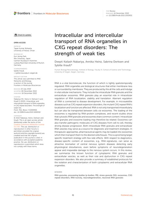 Pdf Intracellular And Intercellular Transport Of Rna Organelles In Cxg Repeat Disorders The