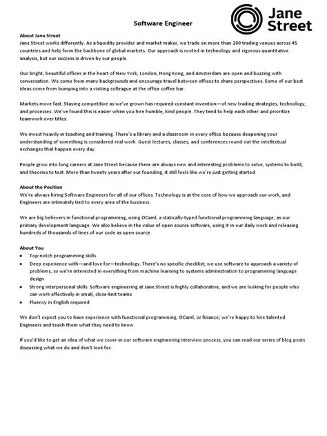 Software Engineer Jd Jane Street Pdf Computer Programming