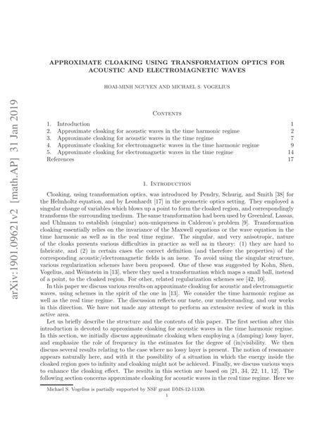 Pdf Approximate Cloaking Using Transformation Optics For Acoustic And Electromagnetic Waves