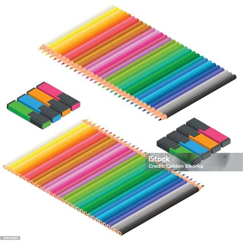 색연필과 마커 아이소메트릭 집합입니다 오피스 문구 세트입니다 사무 용품 쓰기 및 그리기 도구 책상 주최자 사무실 집 다시 학교에 고무도장에 대한 스톡 벡터 아트 및 기타