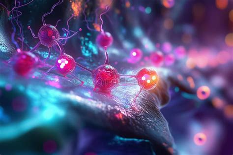 Colorful Microscopic View Of Glowing Cells Interacting With Each Other Intricate Structures