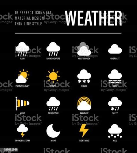 검은 테마에 대한 날씨 평면 아이콘 비 흐림 부분적으로 흐린 안개 눈 뇌우 우박 진눈깨비 무지개 모바일 앱 또는 위젯에 대한 벡터 그림 날씨에 대한 스톡 벡터 아트 및 기타