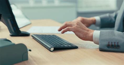 Close Up Of Older Man S Hands On Black Computer Keyboard Businessman In Gray Shirt And Jacket
