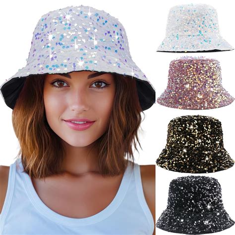 Womens Sequin Bucket Sun Hat Bling Bling Reversible Glitter Outdoor
