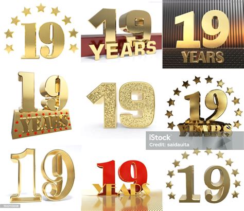 숫자 19 년 축 하 디자인의 설정 황금 기념일 생일 파티에 대 한 숫자 서식 파일 요소입니다 3d 그림입니다 19에 대한 스톡 사진 및 기타 이미지 Istock